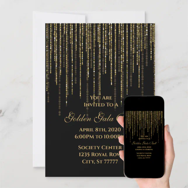 Golden Gala Ball Prom 8th Grade Dance Black Invitation | Zazzle