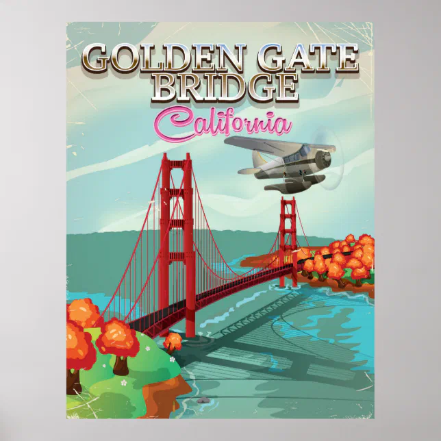 Golden Gate Bridge California travel cartoon Poster | Zazzle
