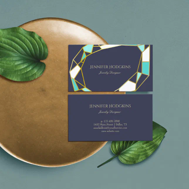 Golden Gem Outlines | Navy Blue | Jewelry Designer Business Card | Zazzle