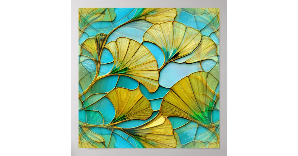 Golden Ginkgo Leaves Blue Background Poster | Zazzle