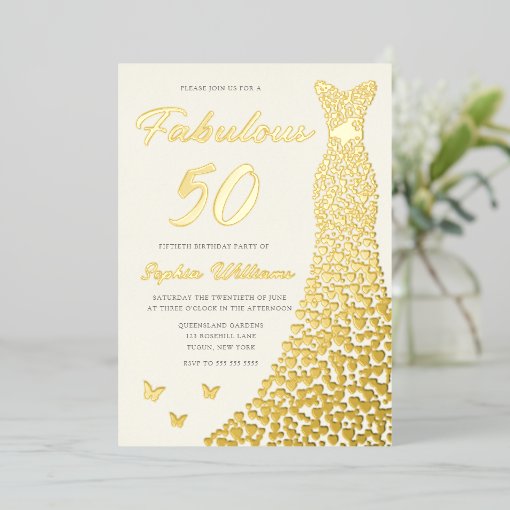 Golden Gown, Fabulous 50th Birthday Dress Gold Foil Invitation | Zazzle