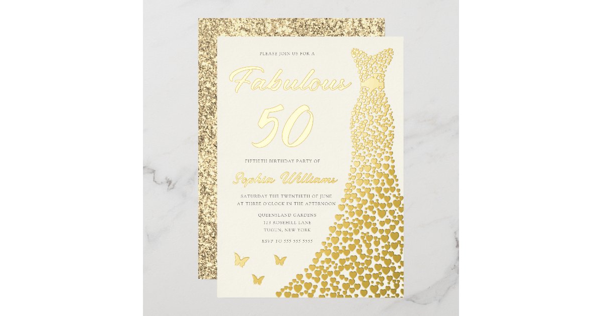Golden Gown, Fabulous 50th Birthday Dress Gold Foil Invitation | Zazzle