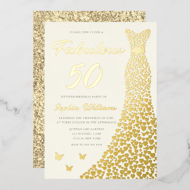 Golden Gown, Fabulous 50th Birthday Dress Gold Foil Invitation | Zazzle