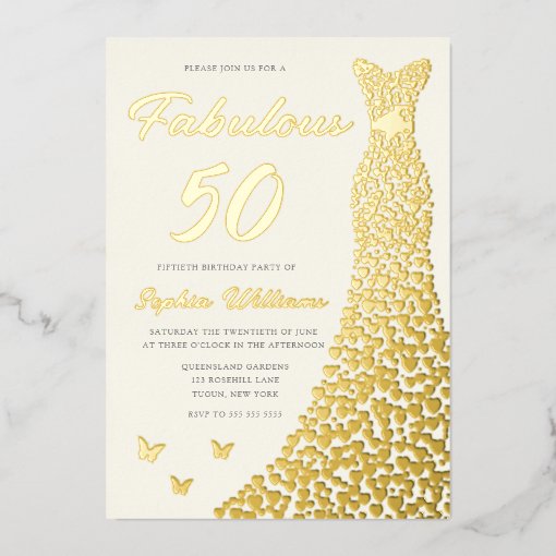 Golden Gown, Fabulous 50th Birthday Dress Gold Foil Invitation | Zazzle