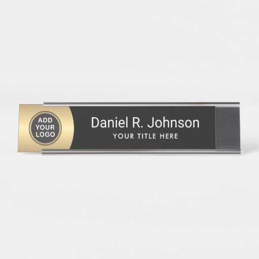 Golden gradient custom logo modern black desk name plate | Zazzle