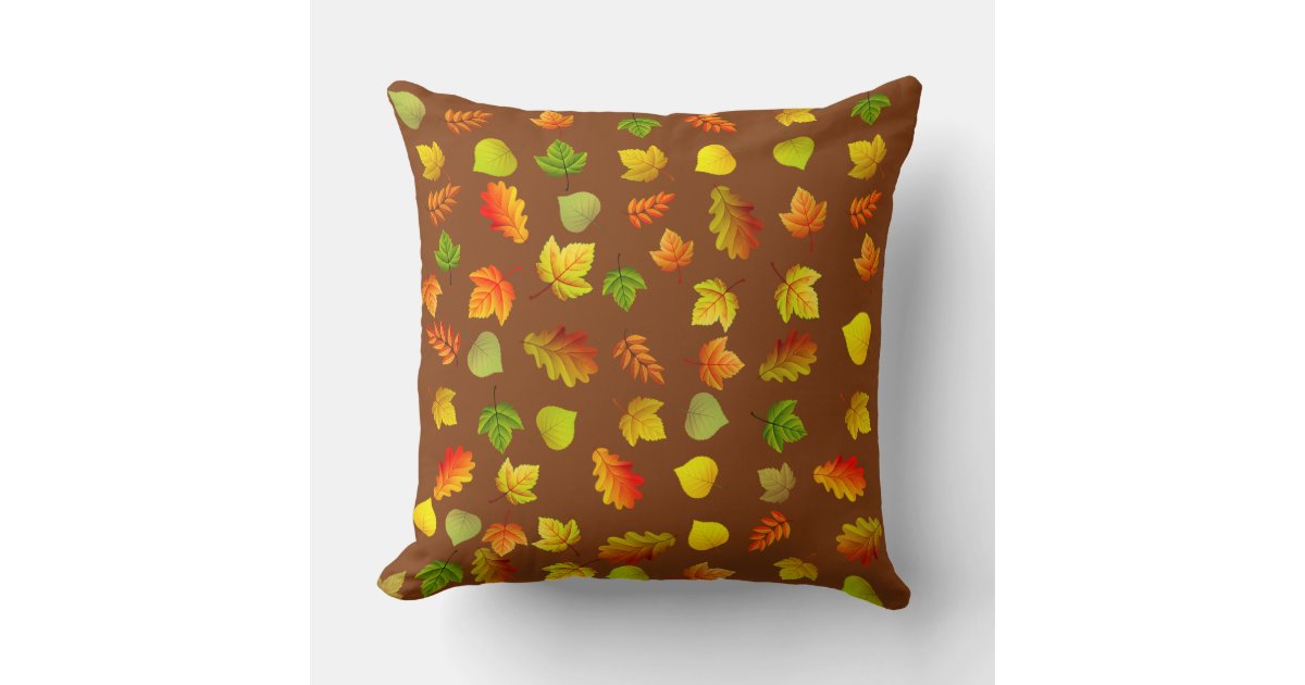 Golden, Green, Orange Autumn Leaves on Brown Throw Pillow | Zazzle