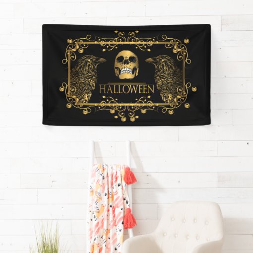 Golden Halloween Skull Ravens Banner | Zazzle