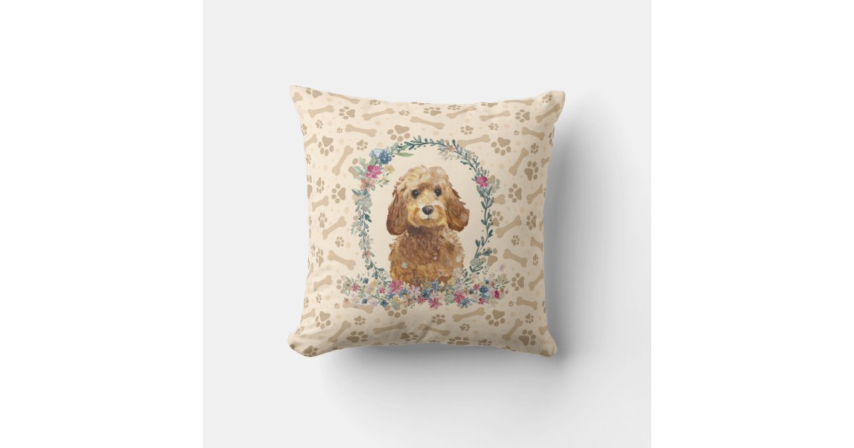 Golden Honey Cockapoo Dog Paw Print & Floral Cute Throw Pillow | Zazzle