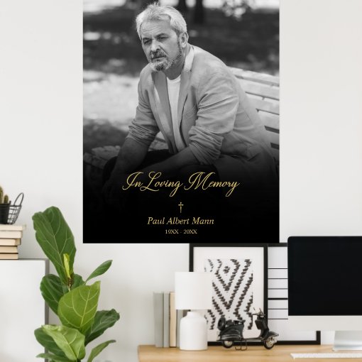 Golden In Loving Memory BW Photo Funeral Service Poster | Zazzle