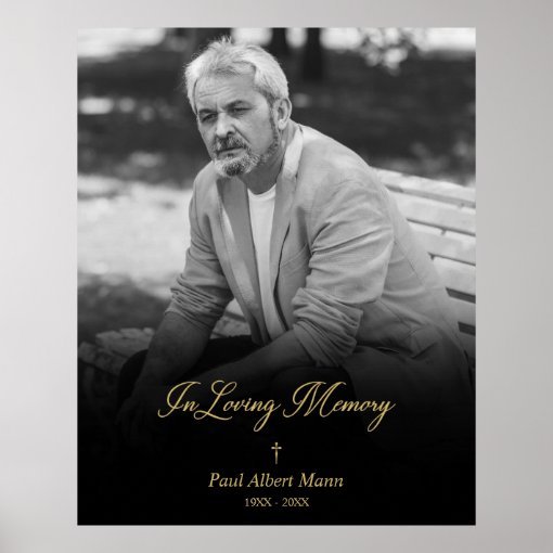 Golden In Loving Memory BW Photo Funeral Service Poster | Zazzle