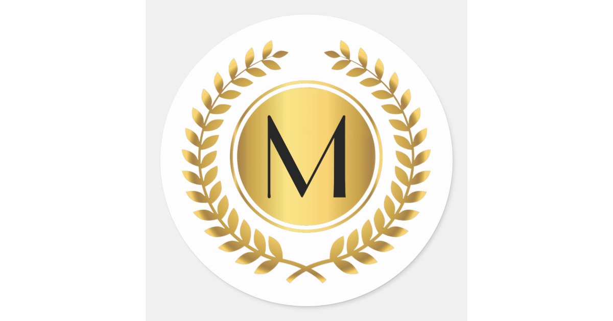 Golden Laurel Wreath Monogrammed Classic Round Sticker | Zazzle