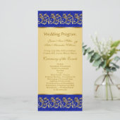 Golden leafy swirls on blue Wedding program card | Zazzle