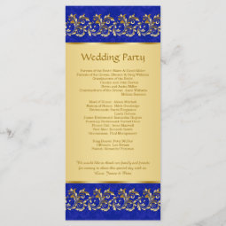 Golden leafy swirls on blue Wedding program card | Zazzle