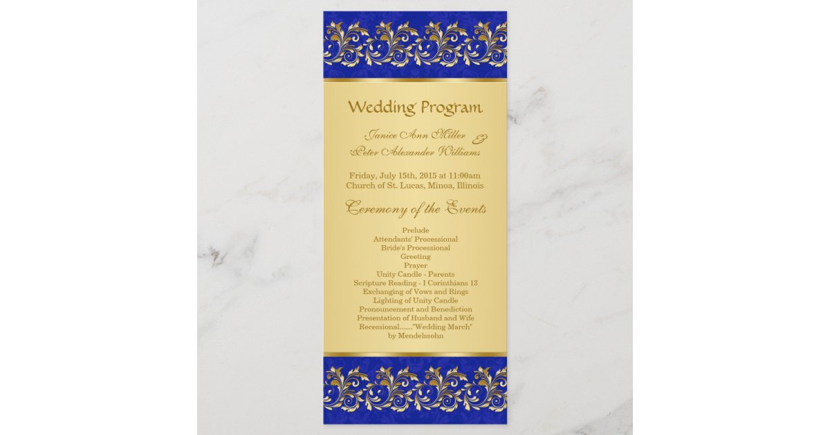 Golden leafy swirls on blue Wedding program card | Zazzle