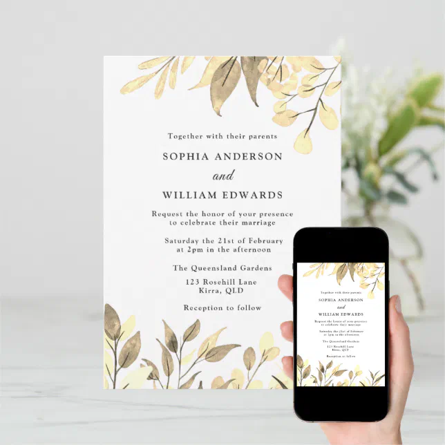 Golden Leaves Modern Gold Wedding Invitation | Zazzle