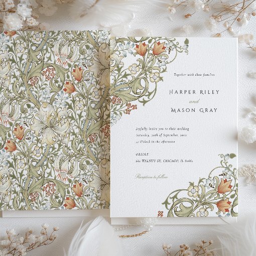 Golden Lily Pattern William Morris Wedding Invitation | Zazzle