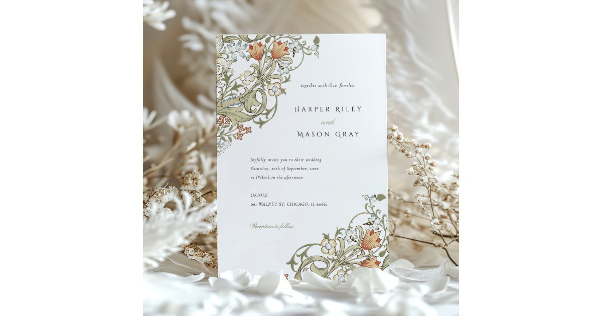 Golden Lily Pattern William Morris Wedding Invitation | Zazzle