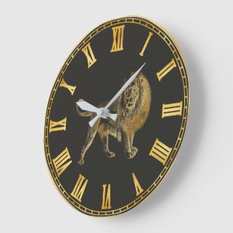 Golden Lion on Black Large Clock | Zazzle