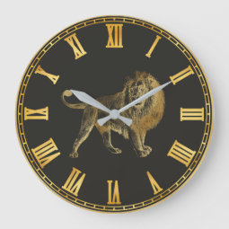 Golden Lion on Black Large Clock | Zazzle