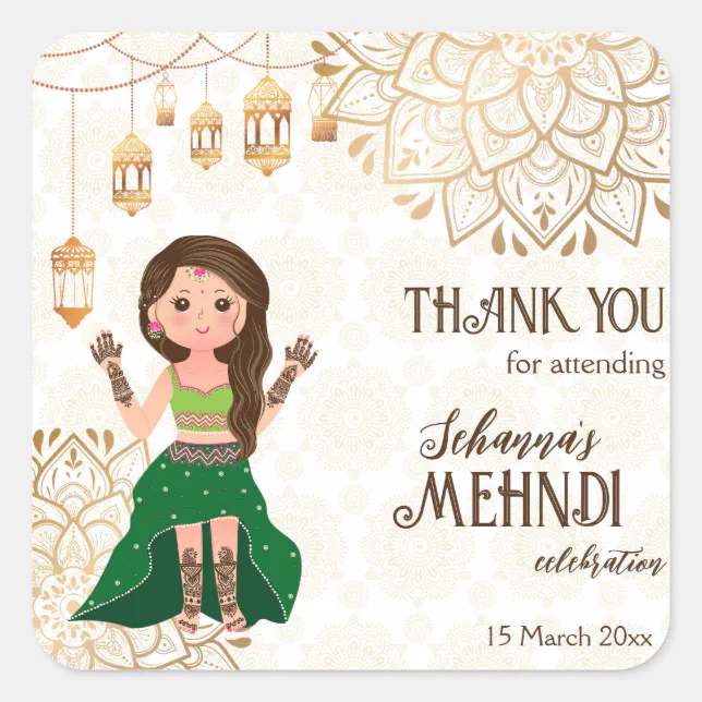 Golden mandala with cute Indian bride personalized Square Sticker | Zazzle