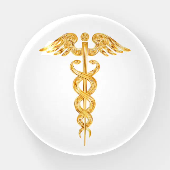 Golden Medical Caduceus on White Paperweight | Zazzle