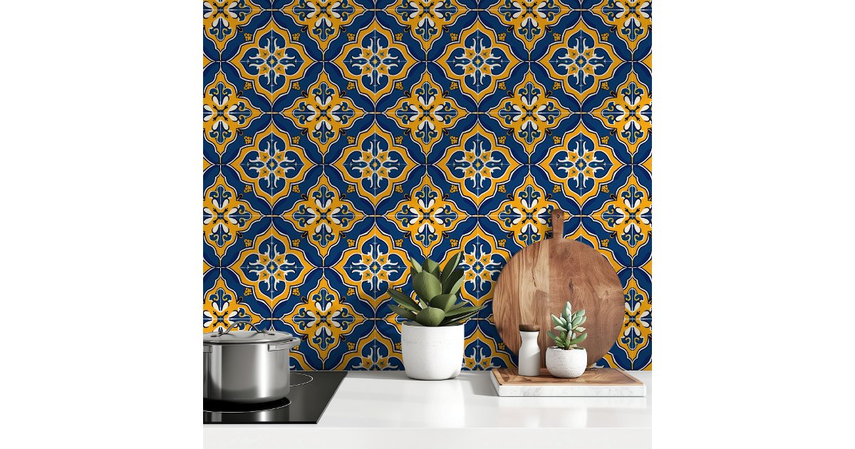 Golden Mediterranean: Blue & Yellow Azulejo Tiles Wallpaper | Zazzle
