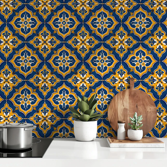 Golden Mediterranean: Blue & Yellow Azulejo Tiles Wallpaper | Zazzle