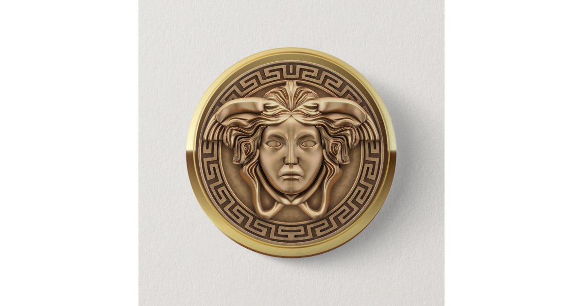 Golden Medusa Gorgon with Greek Key Button | Zazzle