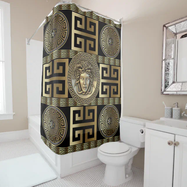 Golden Medusa Greek Key Shower Curtain | Zazzle