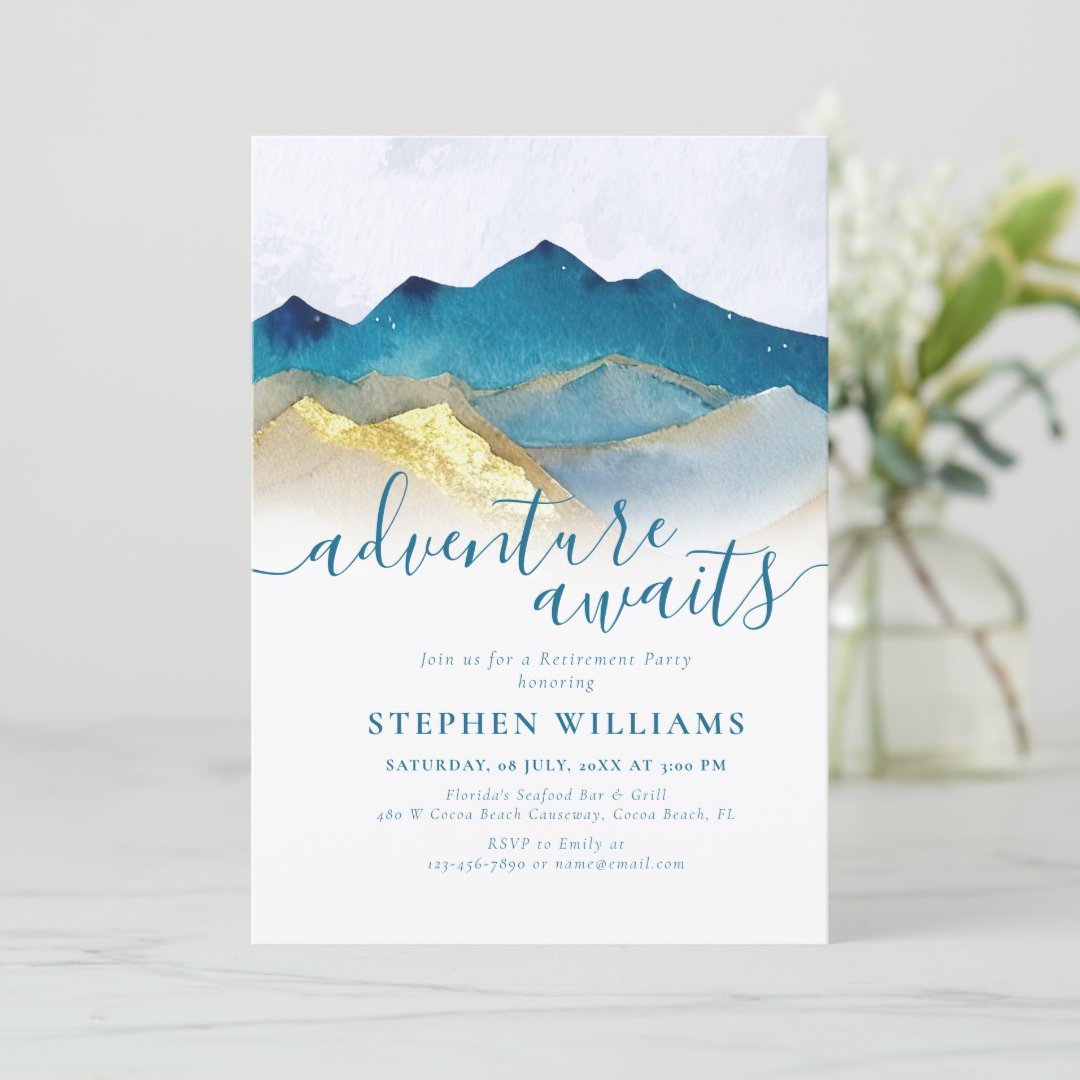 Golden Mountains Adventure Awaits Retirement Party Invitation | Zazzle