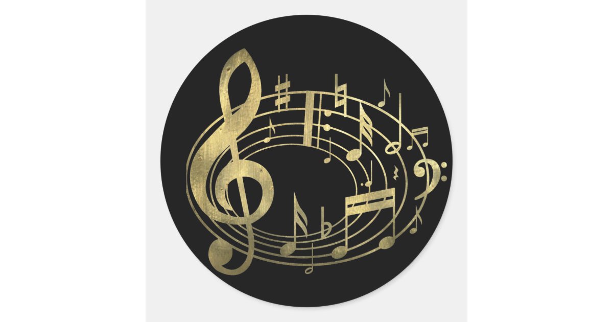 Golden musical notes in oval shape classic round sticker | Zazzle