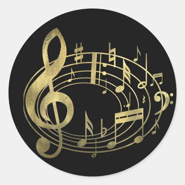 Golden musical notes in oval shape classic round sticker | Zazzle