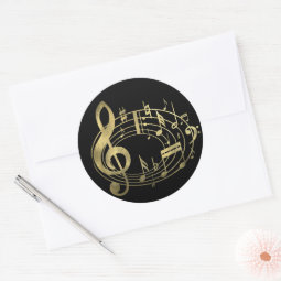 Golden musical notes in oval shape classic round sticker | Zazzle