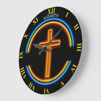 Golden Neon Glowing Psychedelic Christian Jesus Large Clock | Zazzle