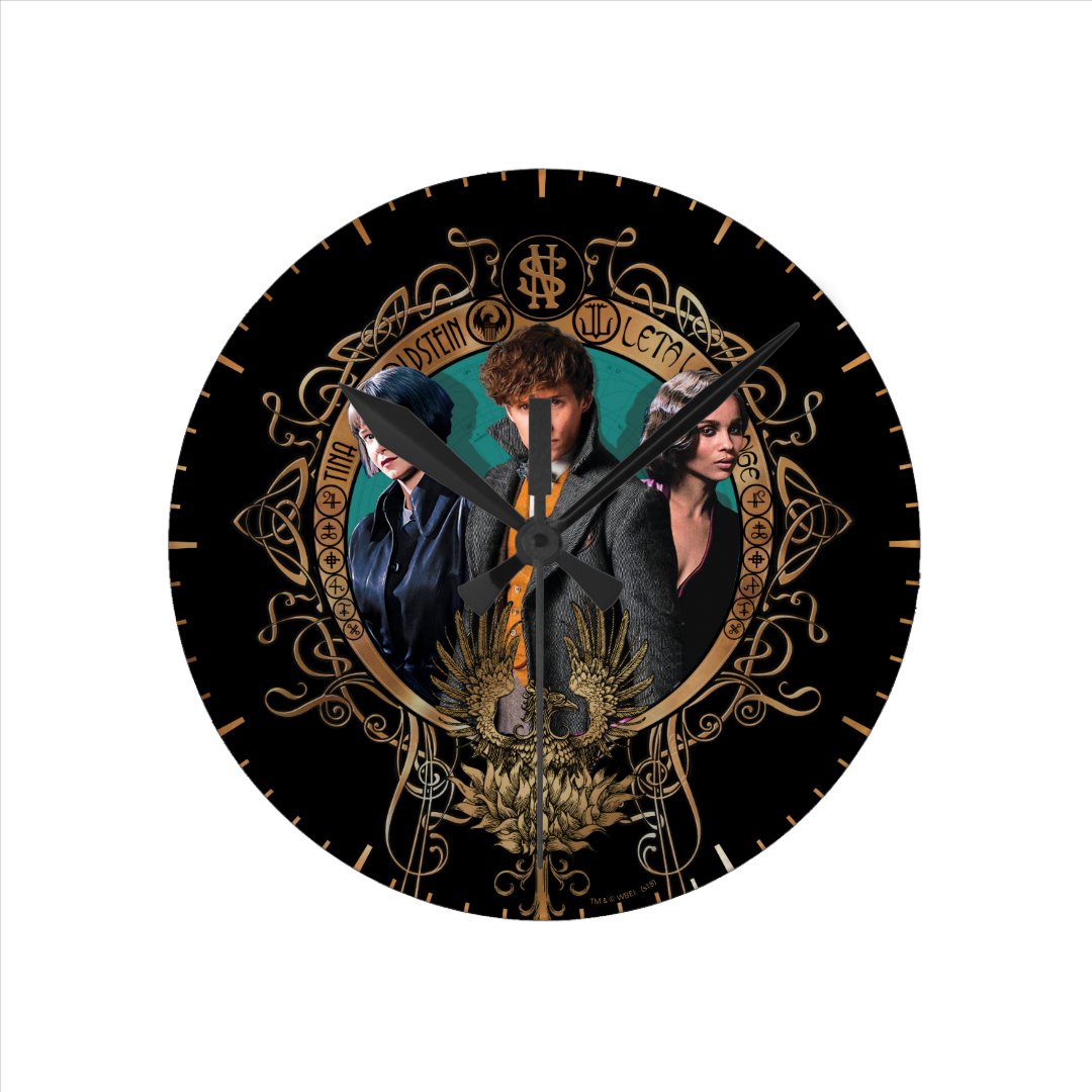 Golden Newt, Tina, and Leta Art Deco Portrait Round Clock | Zazzle