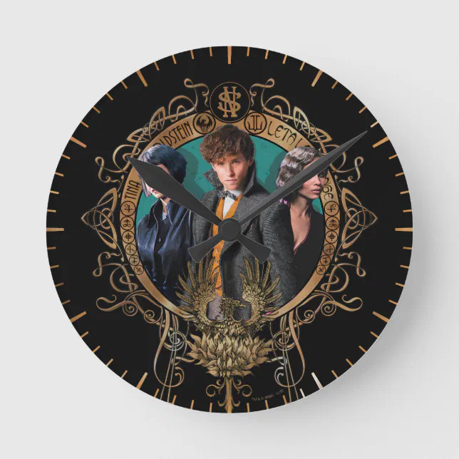 Golden Newt, Tina, and Leta Art Deco Portrait Round Clock | Zazzle