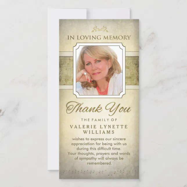 Golden Notes Musical Memorial Thank You Card | Zazzle