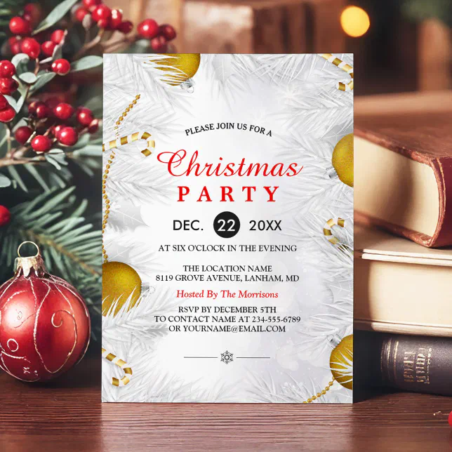 Golden Ornament Silver White Christmas Party Invitation | Zazzle