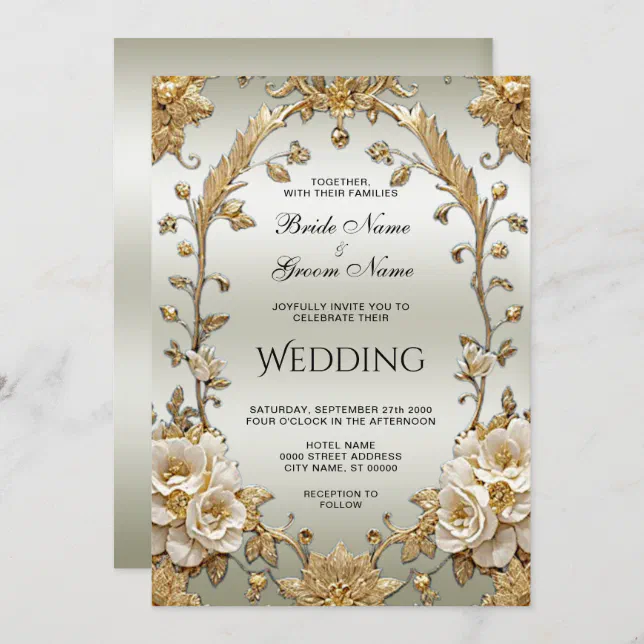 Golden Ornate White Flowers Wedding Invitation | Zazzle