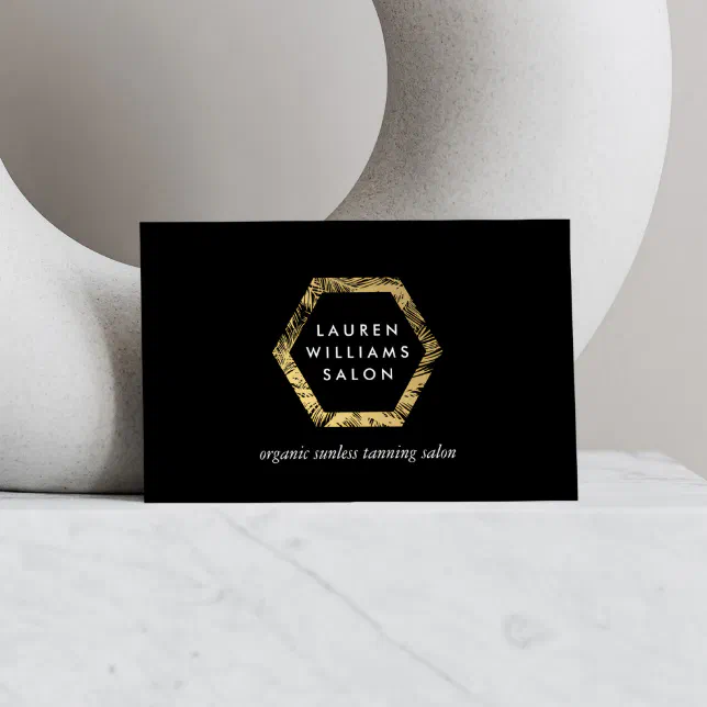 Golden Palms Spray Tanning Salon Logo on Black Business Card | Zazzle
