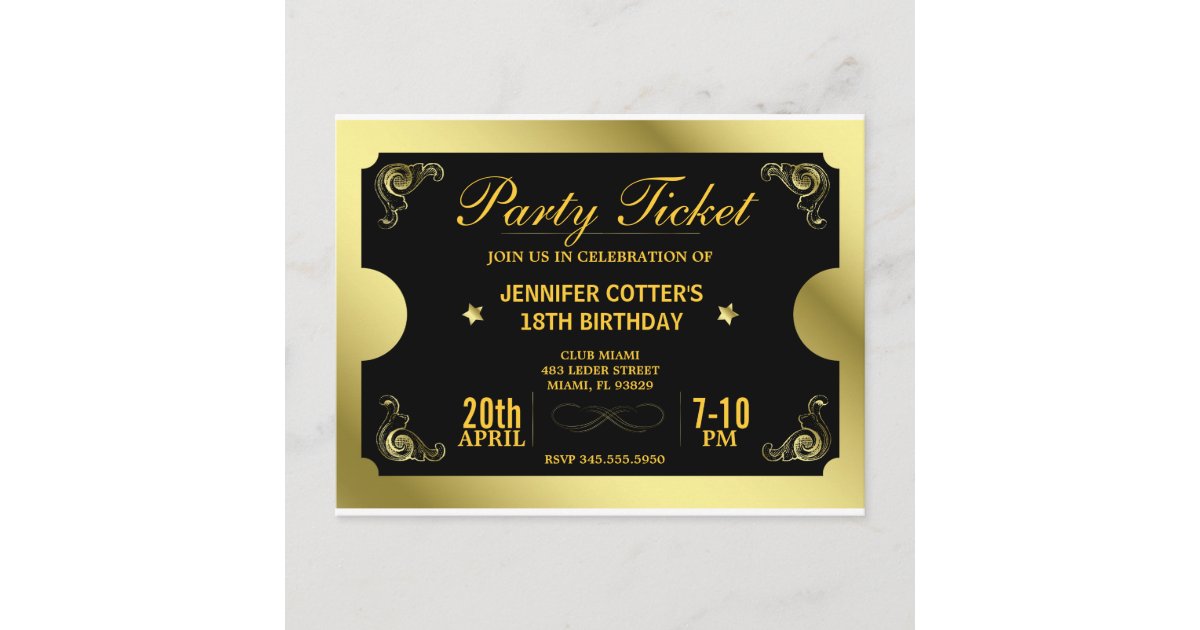 Golden Party Ticket Postcard | Zazzle