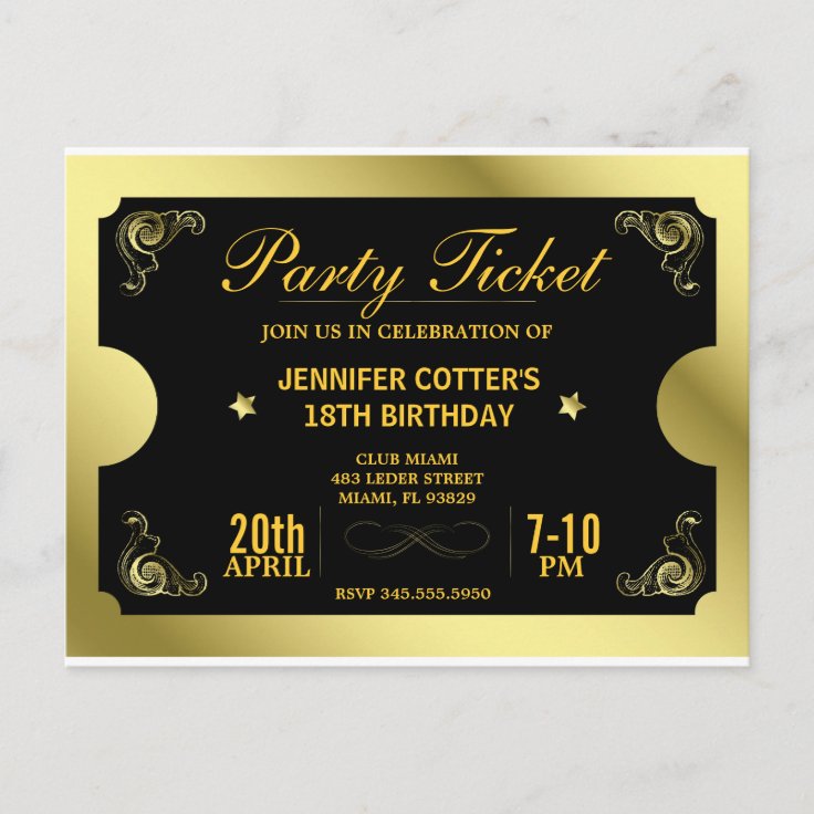 Golden Party Ticket Postcard | Zazzle