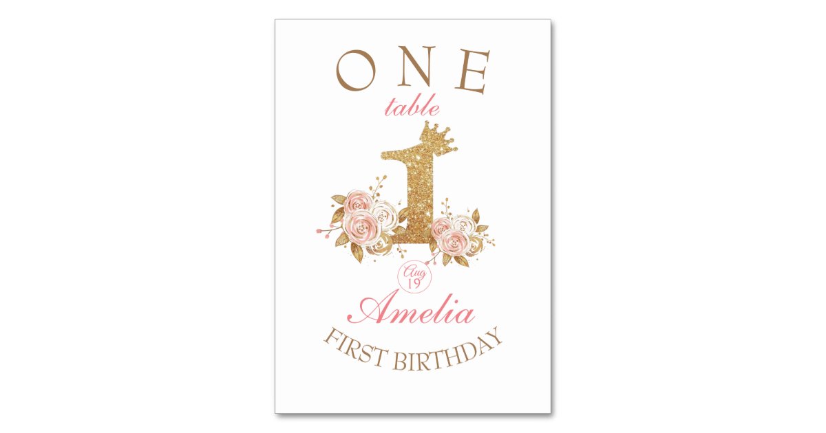 Golden Pink Flowers Princess 1st Birthday Party Table Number | Zazzle