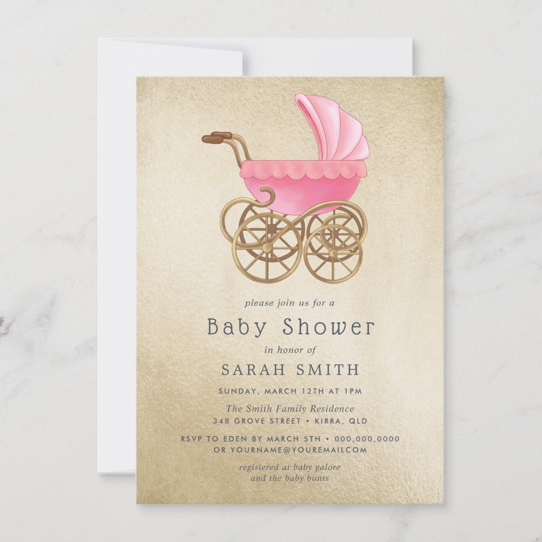 Golden Pink Pram Girl Vintage Baby Shower Invite | Zazzle