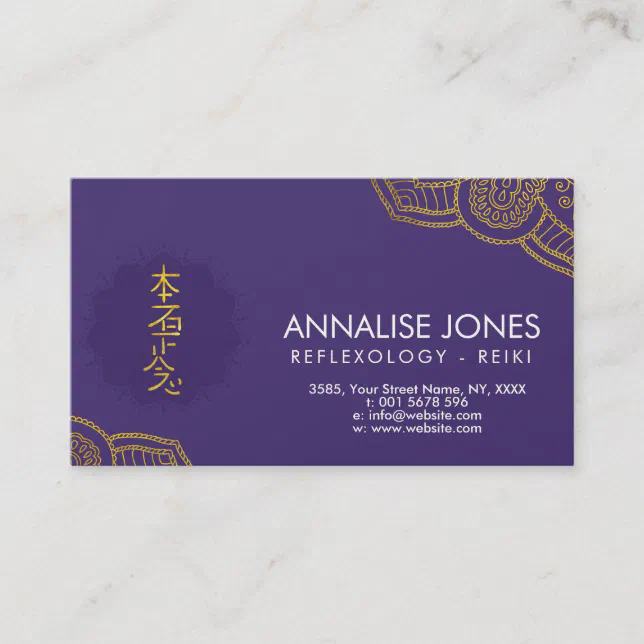 Golden Reiki Healing symbol on purple in lotus Business Card | Zazzle