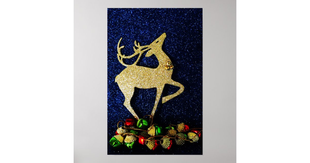 Golden Reindeer with Jingle Bells Poster | Zazzle