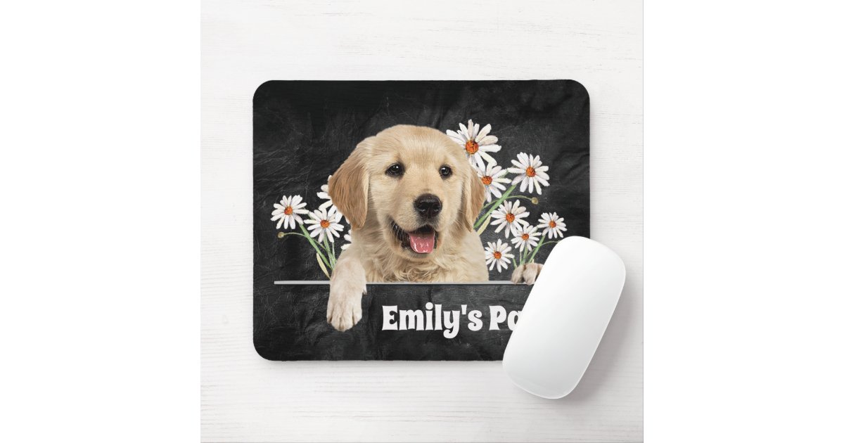 Golden Retriever and Daisies on Black Leather Mouse Pad | Zazzle