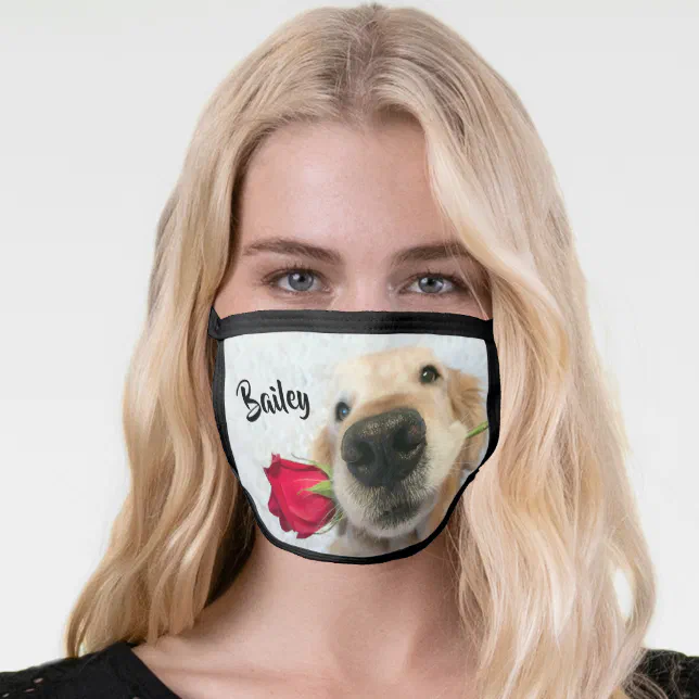 Golden Retriever Dog With Red Rose Custom Name Face Mask | Zazzle