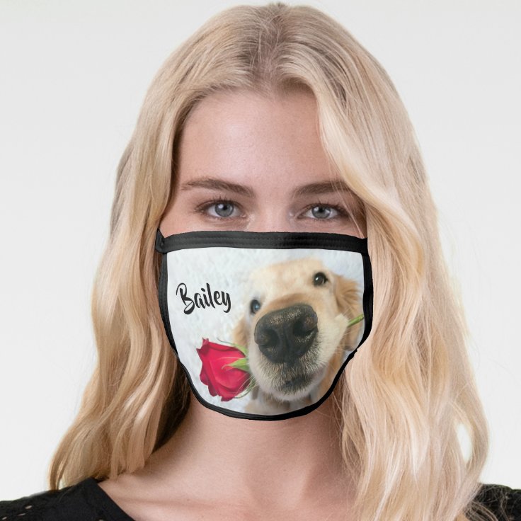 Golden Retriever Dog With Red Rose Custom Name Face Mask | Zazzle