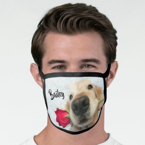 Golden Retriever Dog With Red Rose Custom Name Face Mask | Zazzle